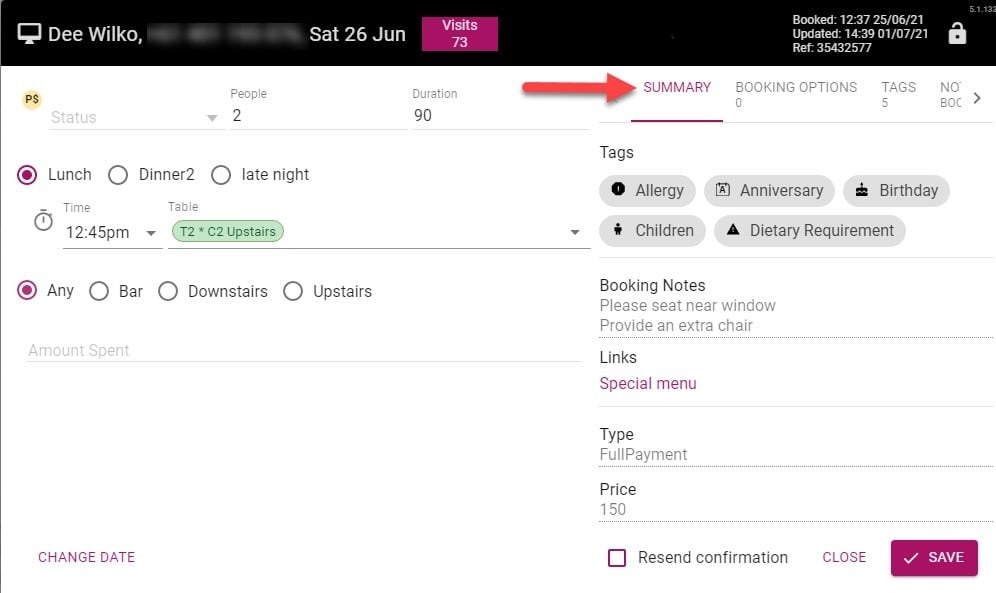 Editing Booking and History in the Diary