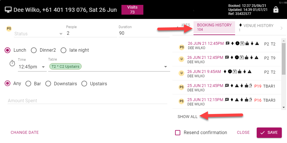 Editing Booking and History in the Diary