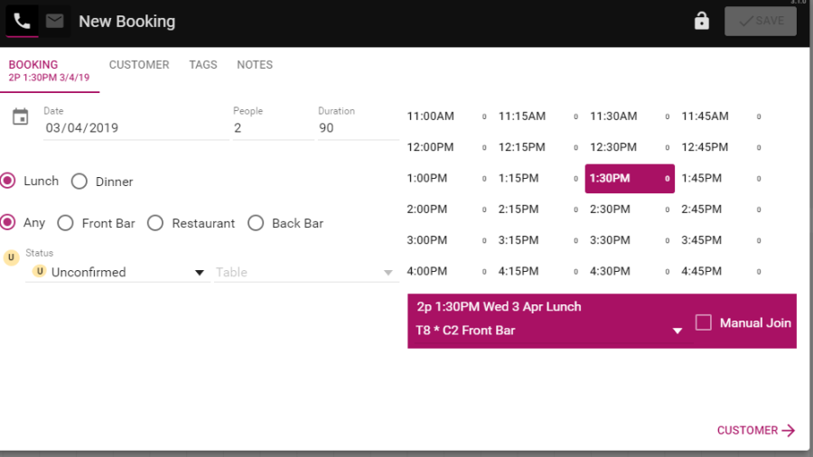 Adding a booking in Diary View