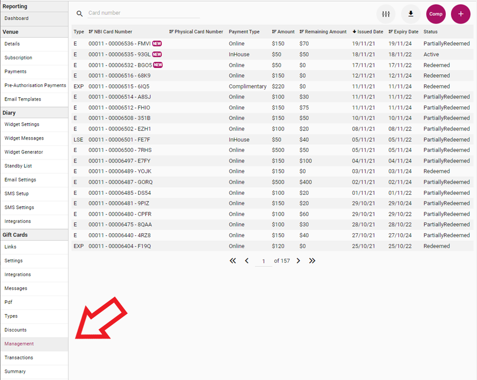 Gift Cards - Redeem and Export