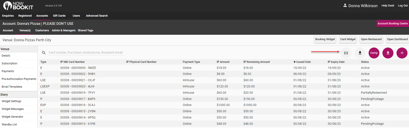 Gift Cards - Redeem and Export