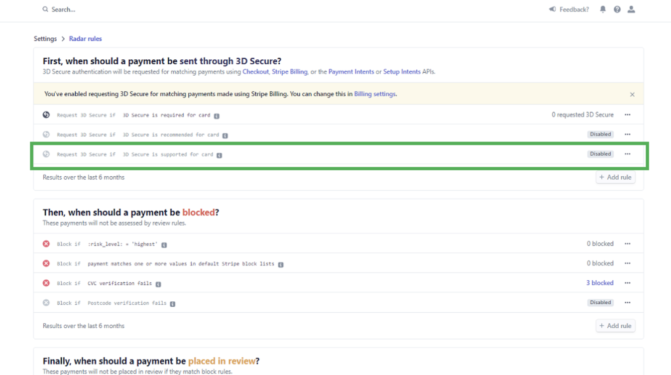 Turning on Stripe 3D Secure